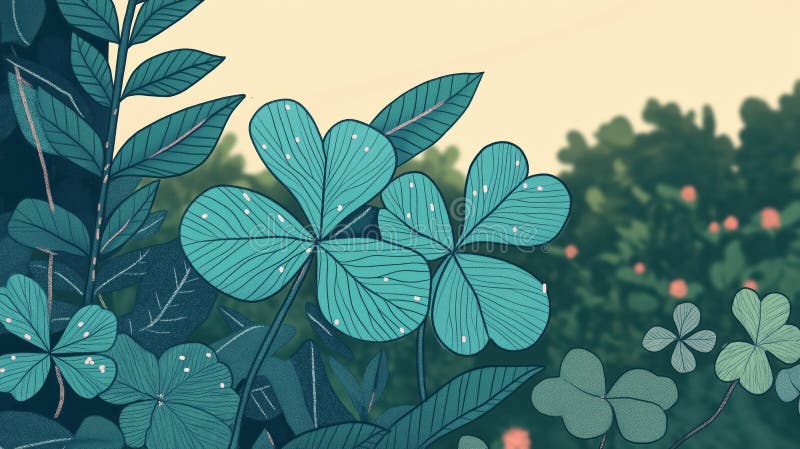 Close-up of a Four-leaf Clover with Dewdrops, Stylized Botanical ...