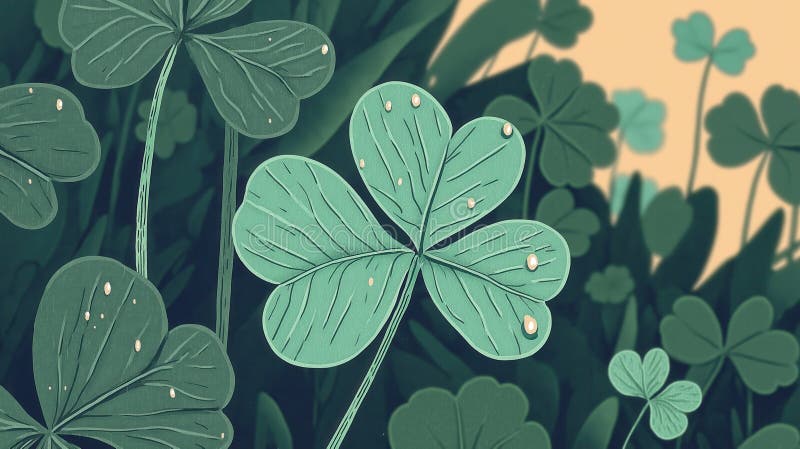 Close-up of a Four-leaf Clover with Dewdrops, Stylized Botanical ...