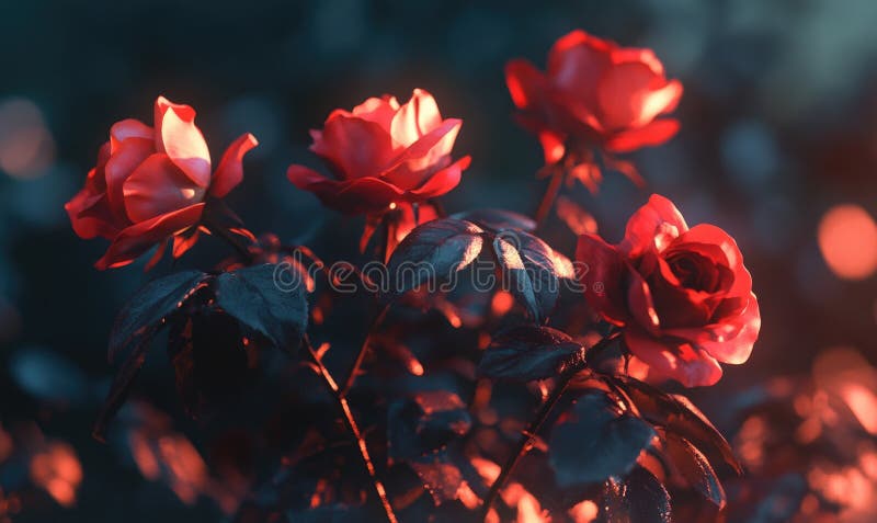 A Close Up of Four Red Roses Stock Image - Image of yellow, leaves ...
