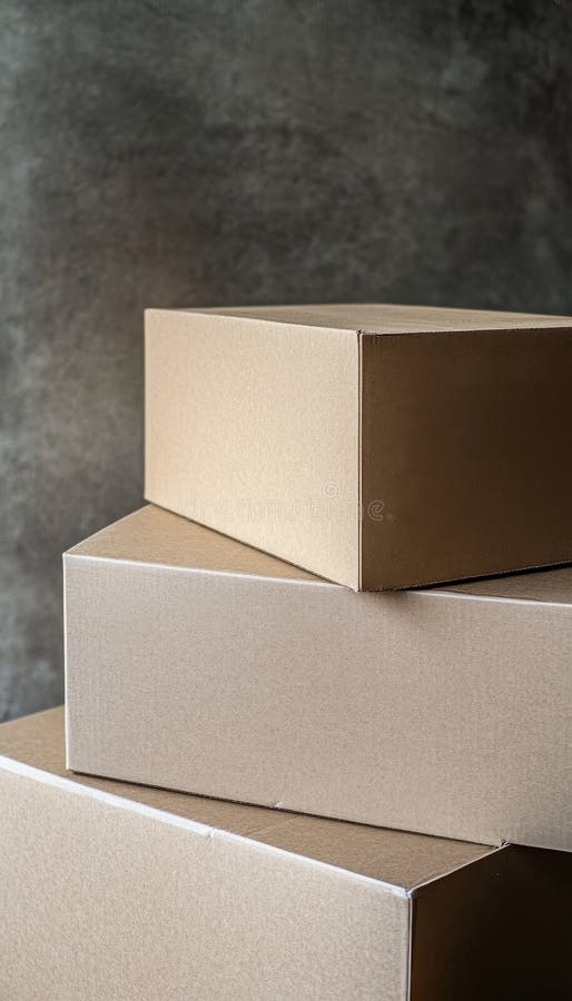 Close Up of Four Simple Cardboard Boxes in an Industrial Studio ...