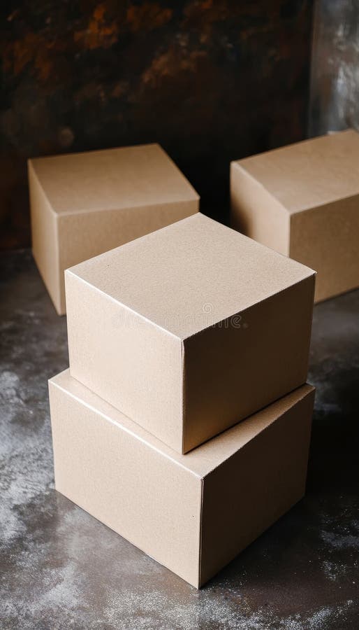 Close Up of Four Simple Cardboard Boxes Showcasing Design Details in an Industrial Studio ...