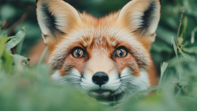 A Close Up of a Fox Looking through the Leaves and Grass, AI Stock ...