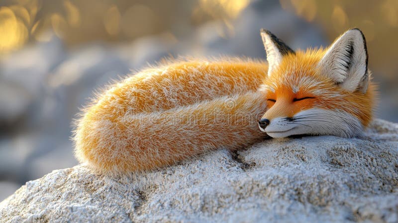 A Peaceful Slumber: Red Fox Resting on a Rock at Dawn Stock ...