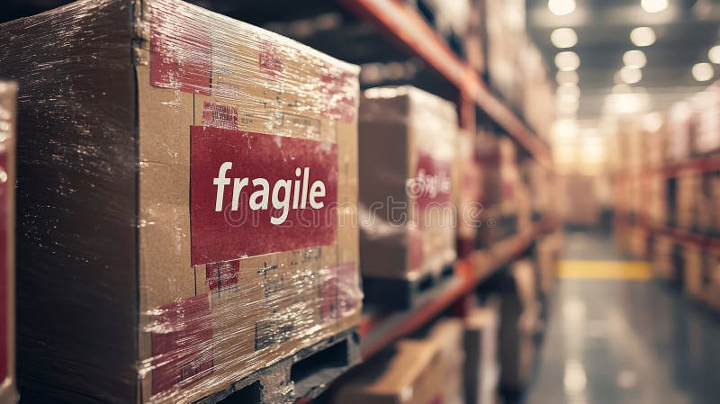 Close-up of Fragile Box in a Warehouse with Shelves in the Background ...