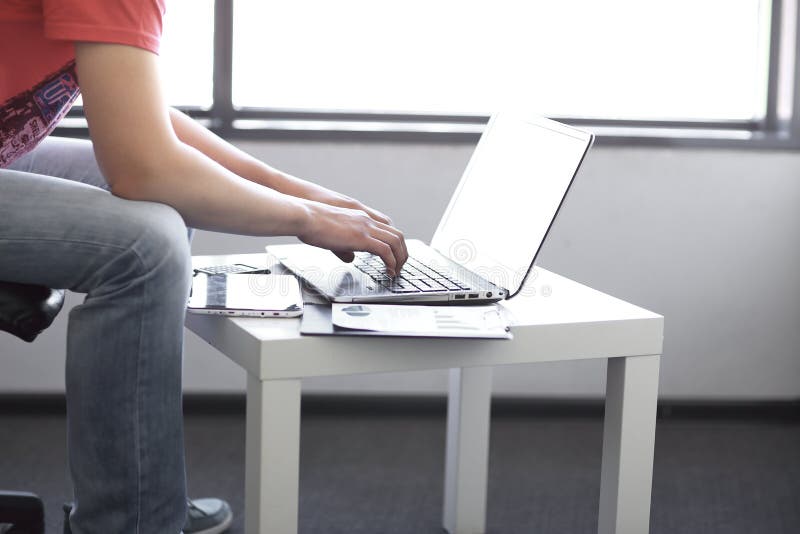 Close Up.freelancer Using Laptop for Work. People and Technology Stock ...