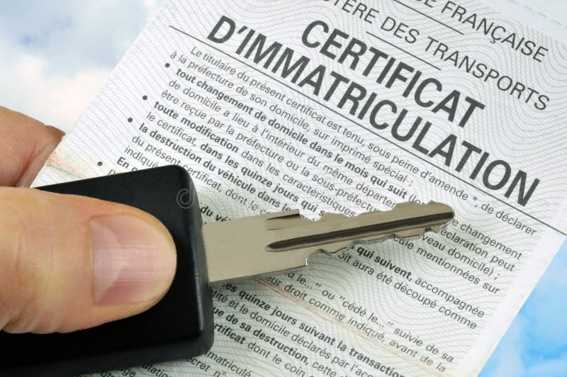 French Registration Certificate with a Car Key in Close-up Stock ...