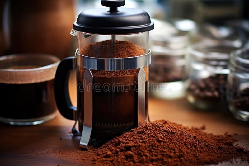 Close-up of a French Press Coffee Maker with Coffee Grounds Stock ...