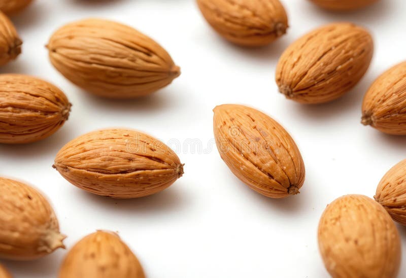 Close-up of Fresh Almonds Scattered on a Plain White Surface Stock ...