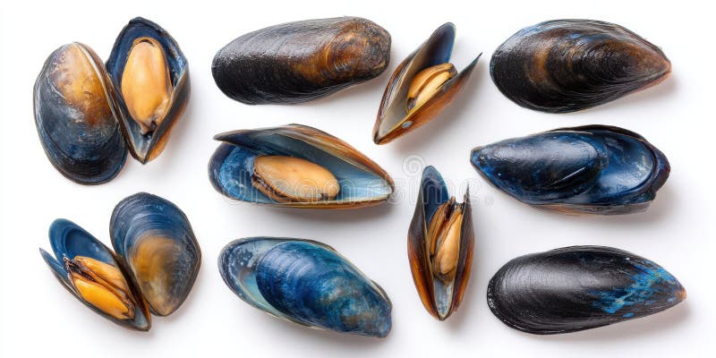 Close-up of Fresh Black Mussels Clustered on a Clean White Surface with ...