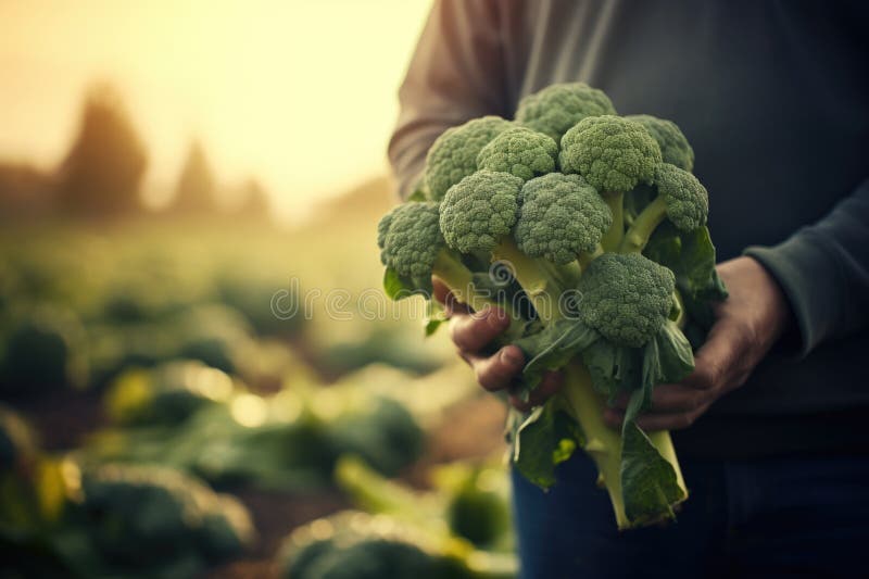 Close-Up of Fresh Broccoli in Hands with Lush Field Background Stock ...