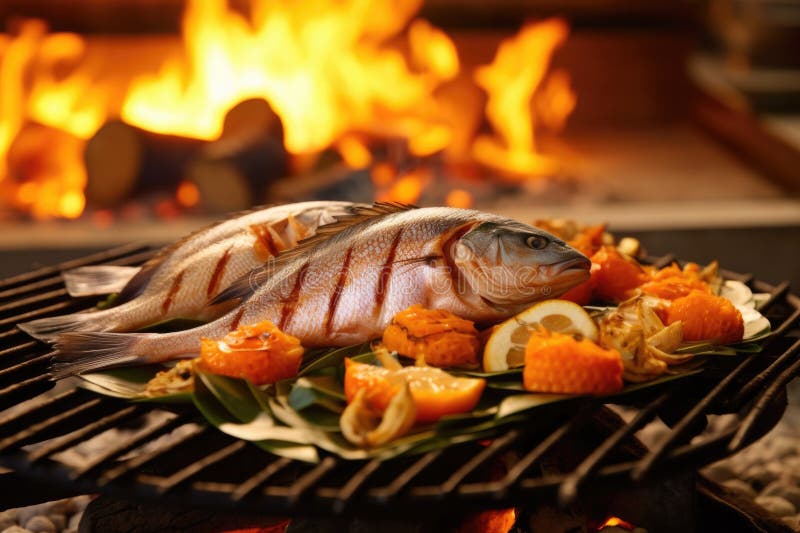 Close-up of Fresh Catch Sizzling on Beach Grill Stock Illustration ...