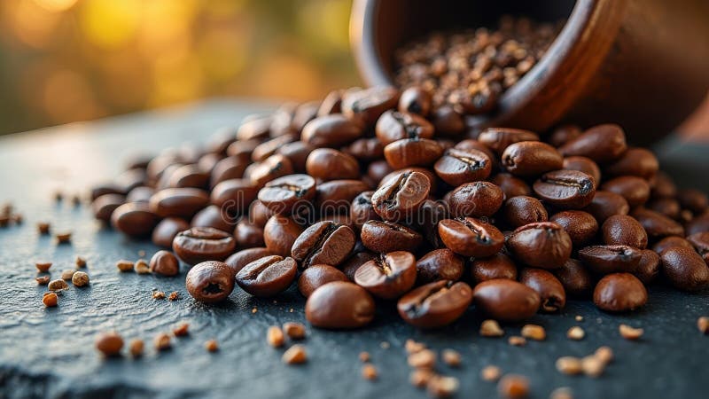 Close-up of Fresh Coffee Beans Spilling from Wooden Cup on Rustic ...