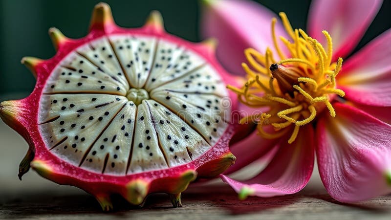 Close-up of Fresh Dragon Fruit and Pink Lotus Flower in Bloom Stock ...