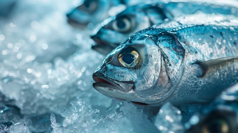 A Close-up of Fresh Fish on Ice with Detailed Textures and Dramatic ...