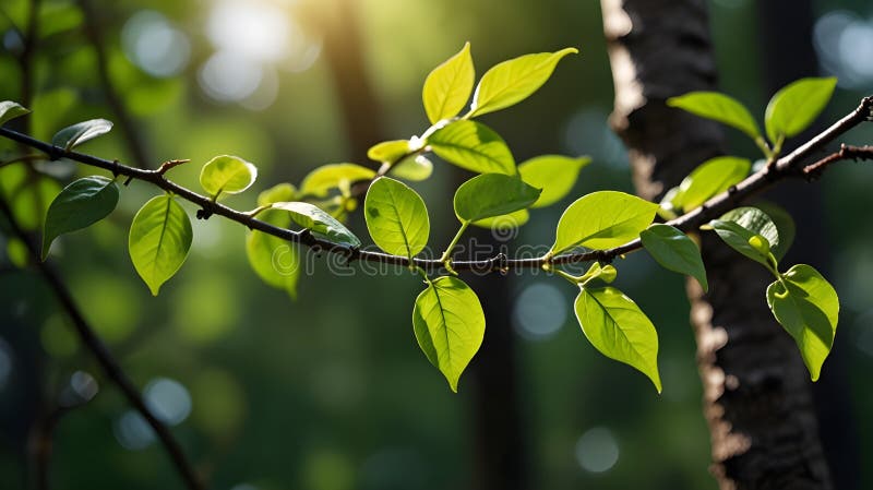 Close-up of Fresh Green Leaves Sprouting from Tree Branches Stock ...