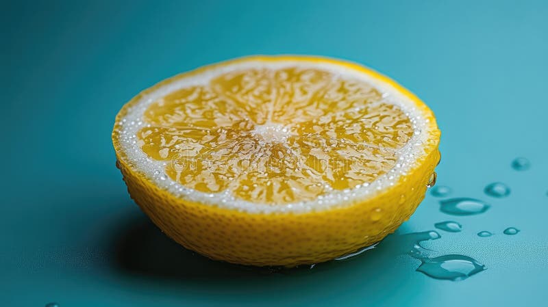 Close-up of a Fresh Lemon Slice on a Teal Background Stock Image ...
