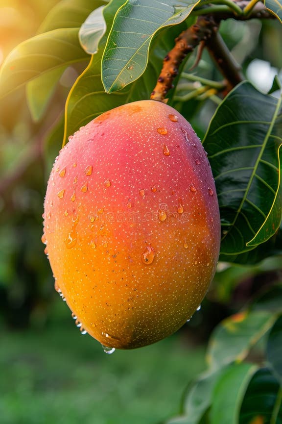 Close Up of Fresh Mango Fruit on Tree with Dew Drops, Ideal for Banner ...