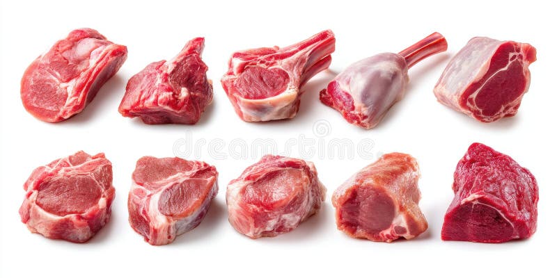 Close-up of Fresh Raw Red Meat Pieces on a Clean White Surface ...