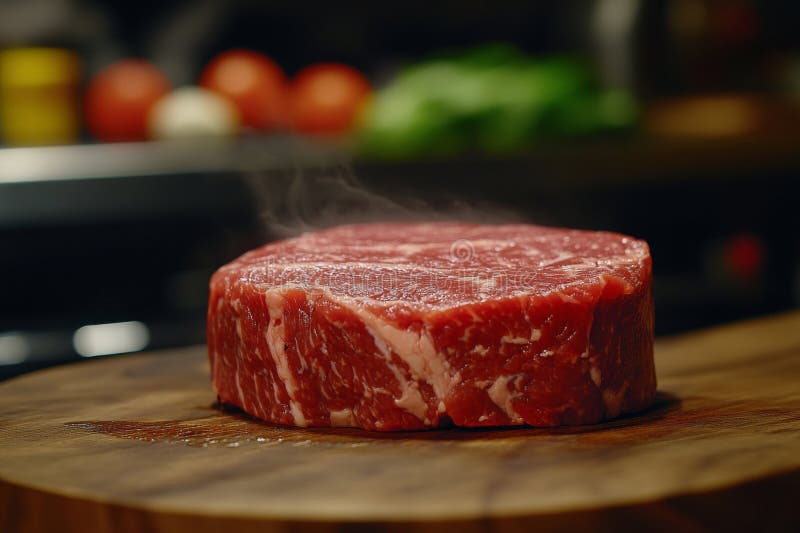 Close Up of Fresh Red Meat on Rustic Board with Warm Kitchen Background ...