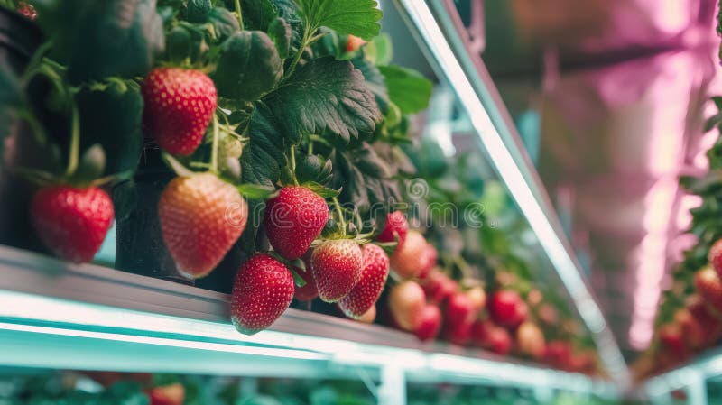 A Close-up of Fresh, Ripe Strawberries Growing in a High-tech Vertical ...