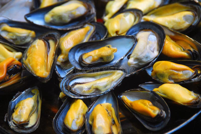 Mussels Cooked and Opened in Close-up Stock Photo - Image of stall ...