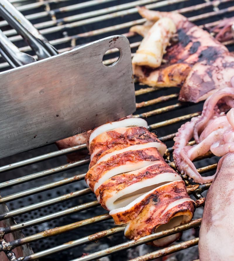 Close Up Fresh Squid Barbeque Grilled Stock Photo - Image of restaurant ...