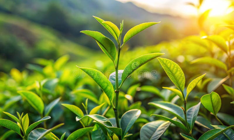 A Tea Bush with Young Fresh Leaves Illuminated by the Rays of the ...