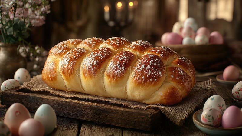 Freshly Baked Paska Bread Colorful Easter Eggs Rustic Setting Stock ...