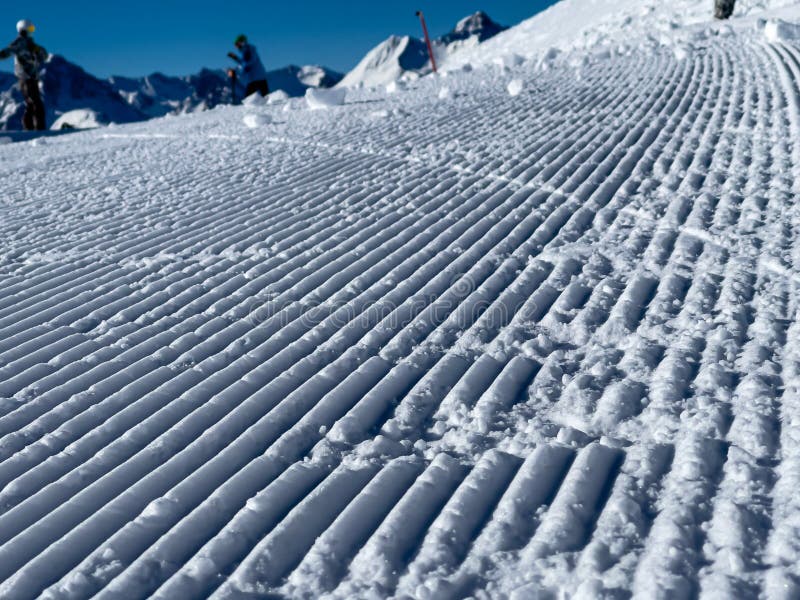 A Close Up of Freshly Groomed Snow Slope Stock Image - Image of powder ...