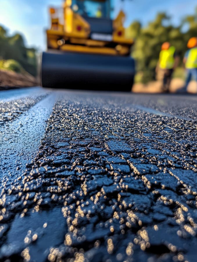 Close-up of Freshly Paved Asphalt Road with Construction Roller. Stock ...