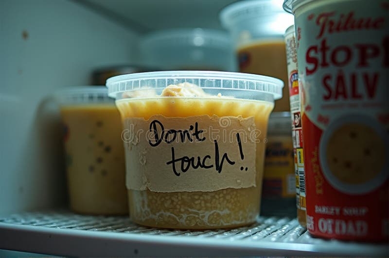 Close-up of Fridge Items with Homemade Soup Marked Don T Touch Stock ...