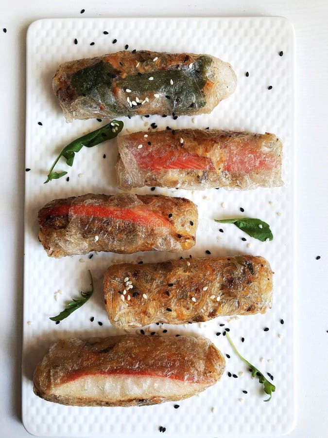 Close Up Fried Chinese Traditional Spring Rolls Food Stock Photo ...