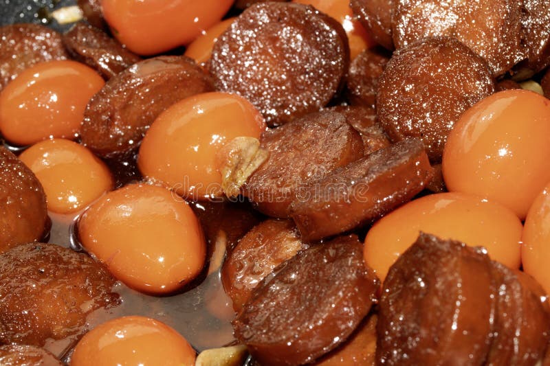 Close Up of Fried Chorizo Cured Meat and Tomatoes Stock Photo - Image ...