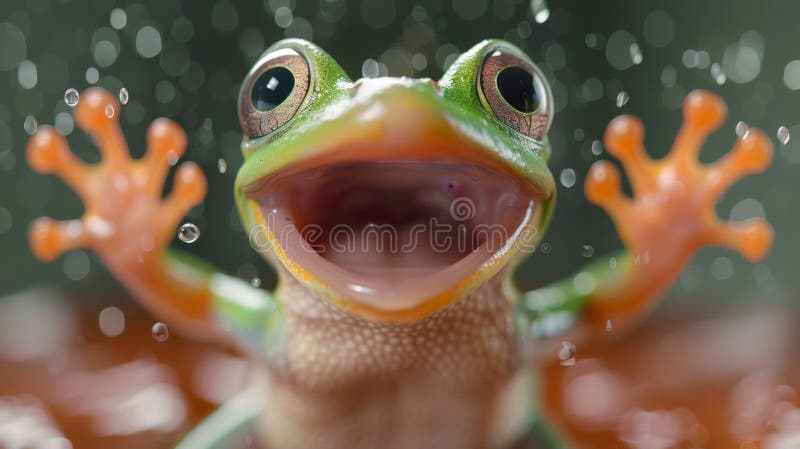 A Close Up of a Frog with Its Mouth Open and Water Droplets Falling, AI ...