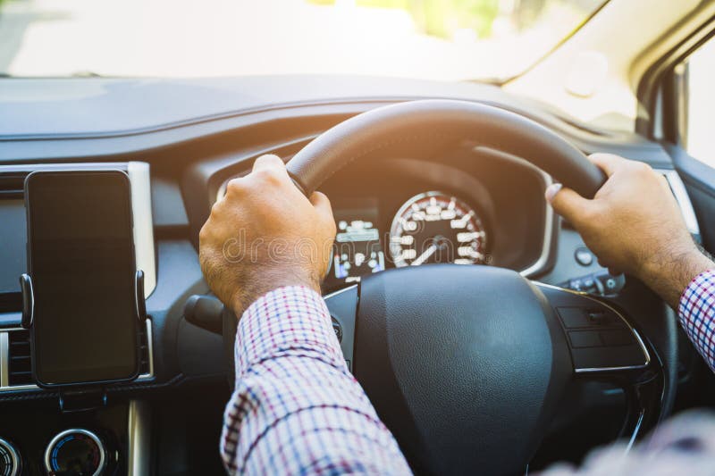 Close Up Front View Hands Hold Steering Wheel. Driving Car Concept ...