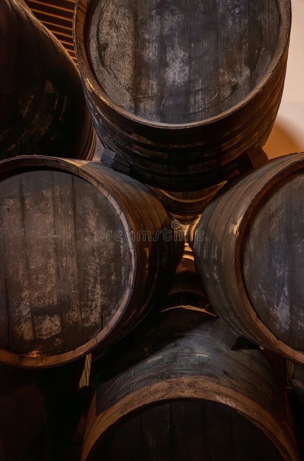 Close-up Front View of a Stack of Old Wooden Barrels in a Traditional ...