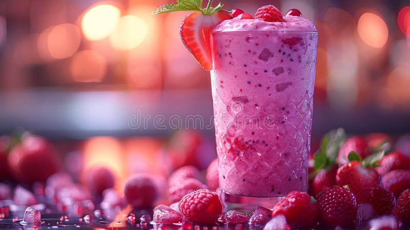 Close-Up of Fruit Smoothie with Banana, Strawberry, Raspberry, and Ice ...
