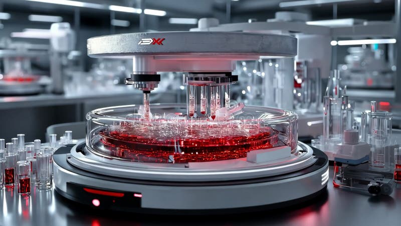 Close-up of Futuristic Biotech Machinery Processing Red Samples in a ...