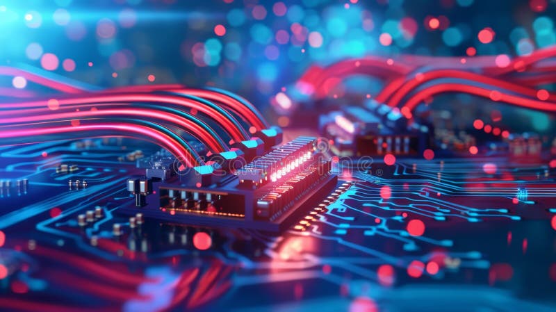 Close-Up of Futuristic Circuit Board with Cables Stock Illustration ...