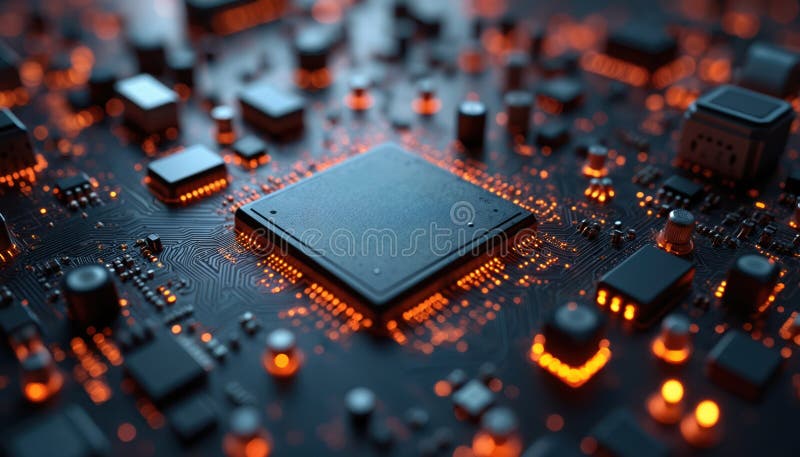 Close-up of Futuristic Circuit Board, Motherboard with Digital Chips. Technology Concept Shows ...