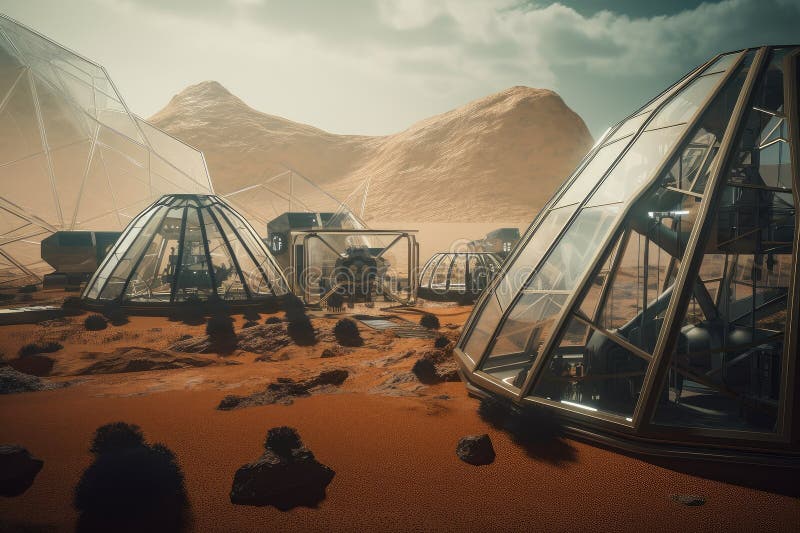 Close-up of Futuristic Colony on Mars with Glass and Metal Structures ... Close-up of Futuristic Colony on Mars with Glass and Metal Structures ...