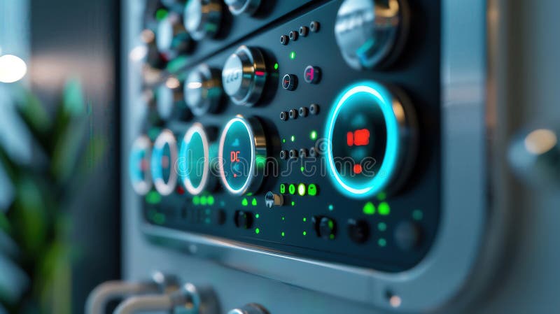 Close-up of a Futuristic Control Panel with Glowing Buttons and Dials ...