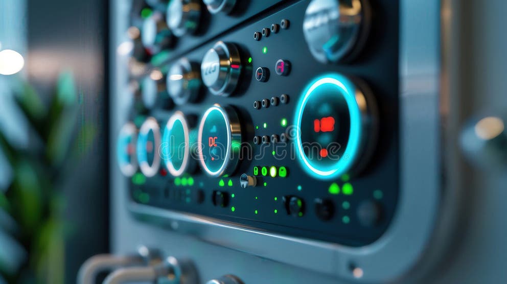 Close-up of a Futuristic Control Panel with Glowing Buttons and Dials ...