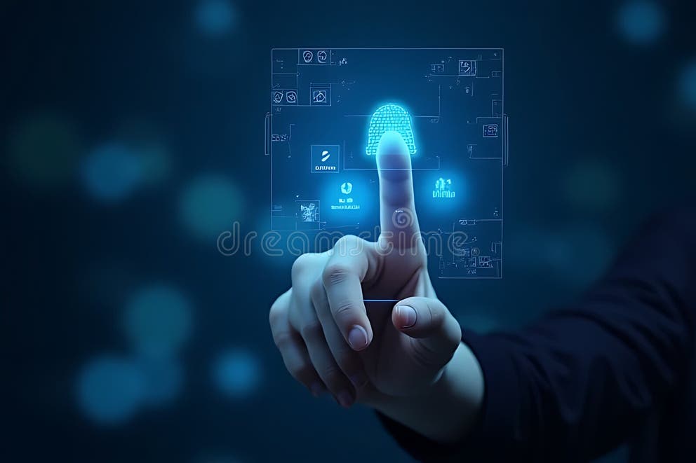 Close-up of Futuristic Cybersecurity Lab Digital Fingerprint Authentication Process Visuals ...
