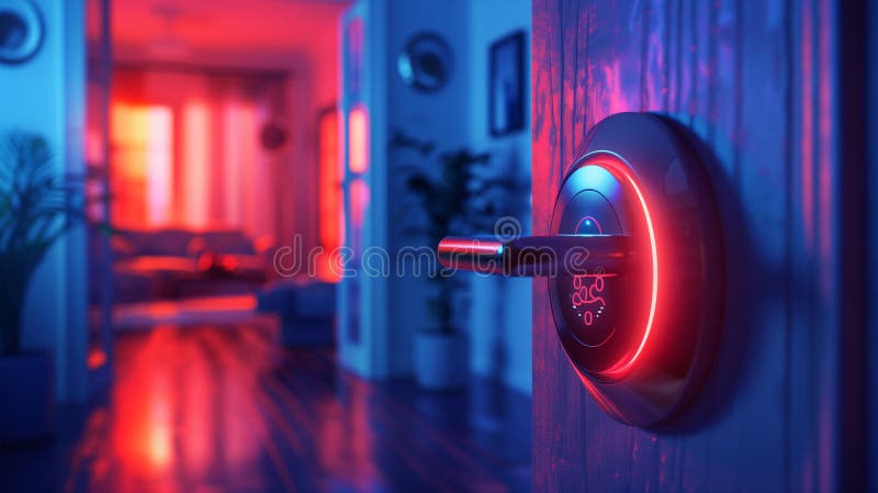 Close-up of a Futuristic Door Handle with Glowing Red Biometric Access ...