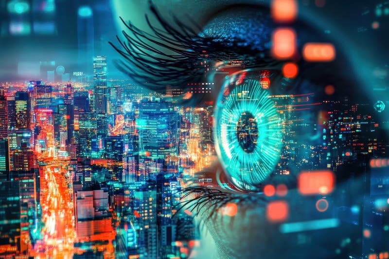 Close-up of a Futuristic Embedded Contact Lens with a Dynamic Cityscape ...