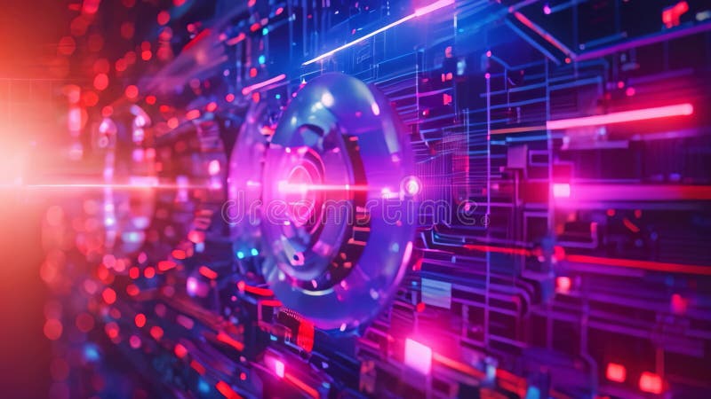 A Close-up of a Futuristic Firewall Interface with Glowing Red and Blue ...