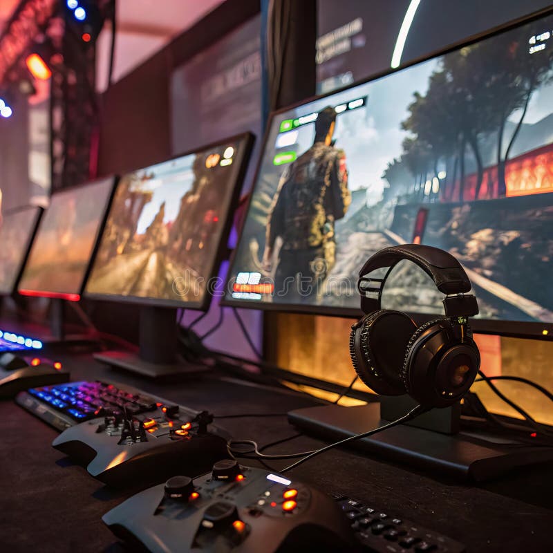 Close Up of Futuristic Gaming Setup Featuring Multiple Screens, Gaming ...