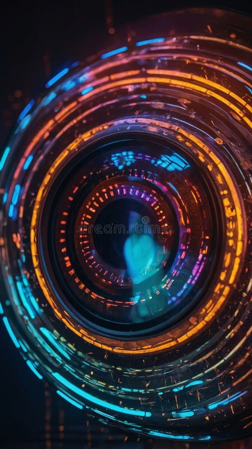 Close-up of a Futuristic Lens with Neon Lights. Stock Illustration ...