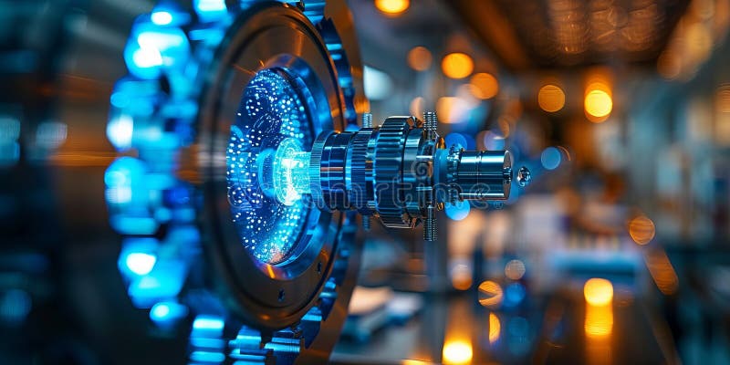 Close-up of a Futuristic Mechanical Gear System Illuminated with Blue ...